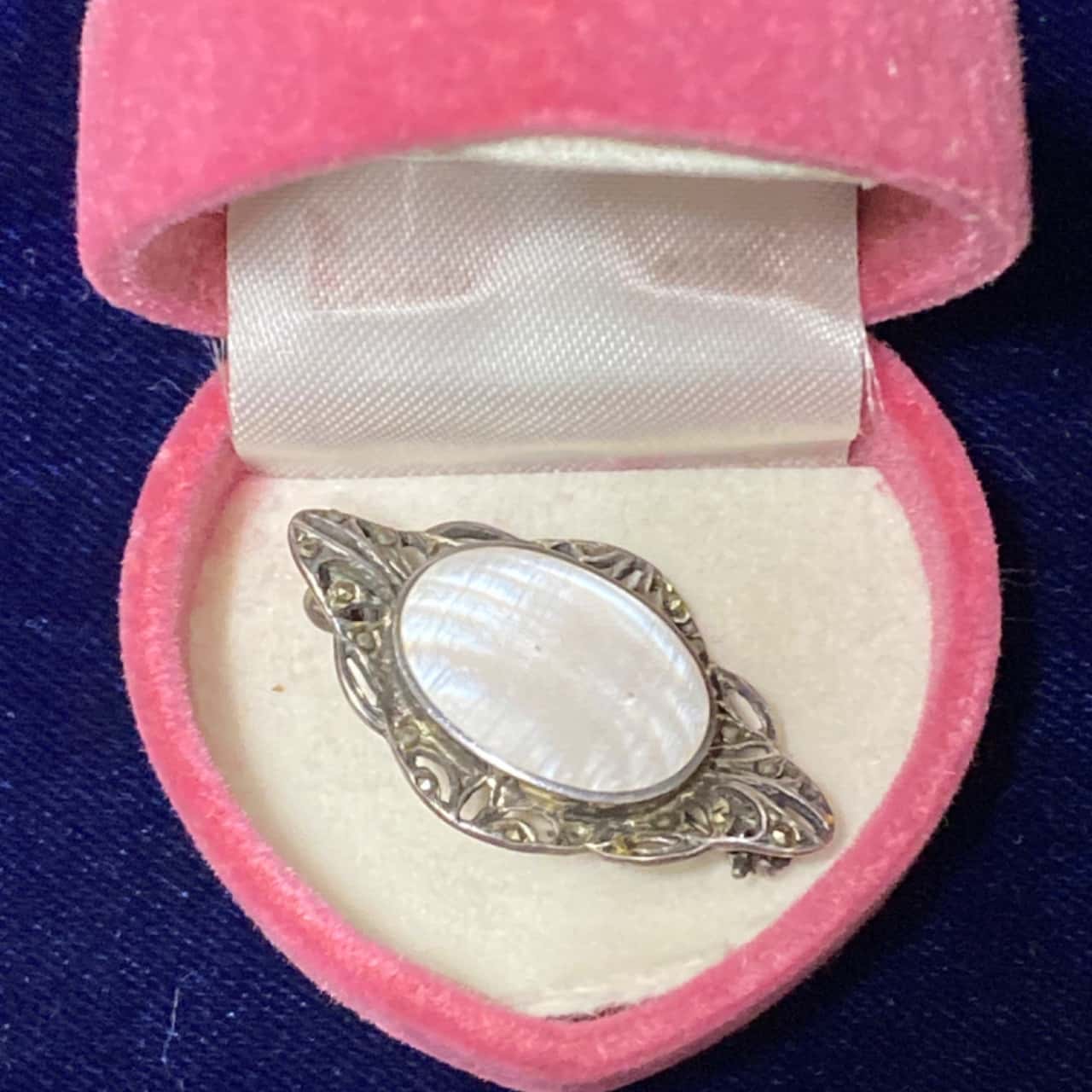 Stamped Silver Soft Pink Mother of Pearl & Marcasite Brooch