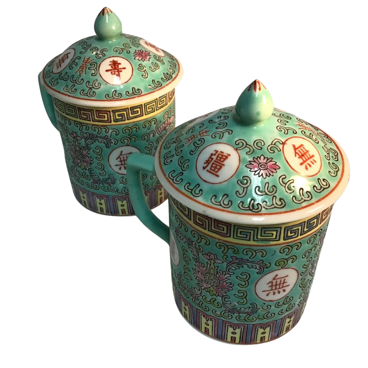 2 x Vintage Porcelain Enamelled Chinese Pitcher with Lid(s)