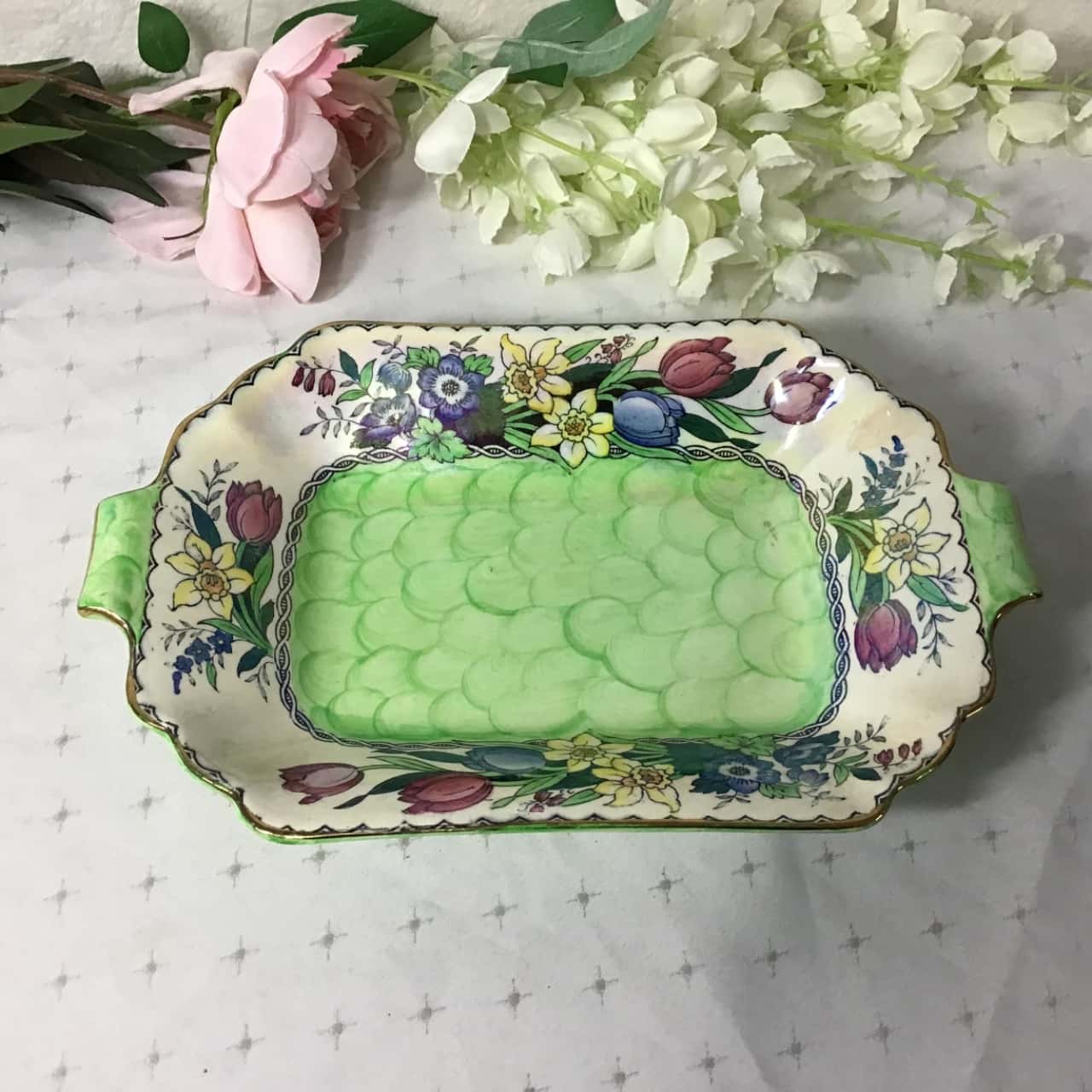 Vintage Maling Green Floral Pattern Decorative Dish with Handles(s)
