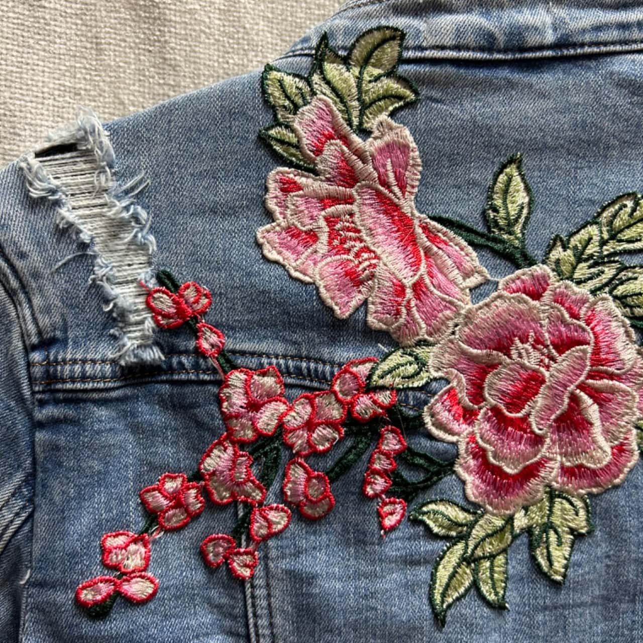 Flower Denim Jacket, Distressed, Embroidered Detail, Size 10 Women’s ...