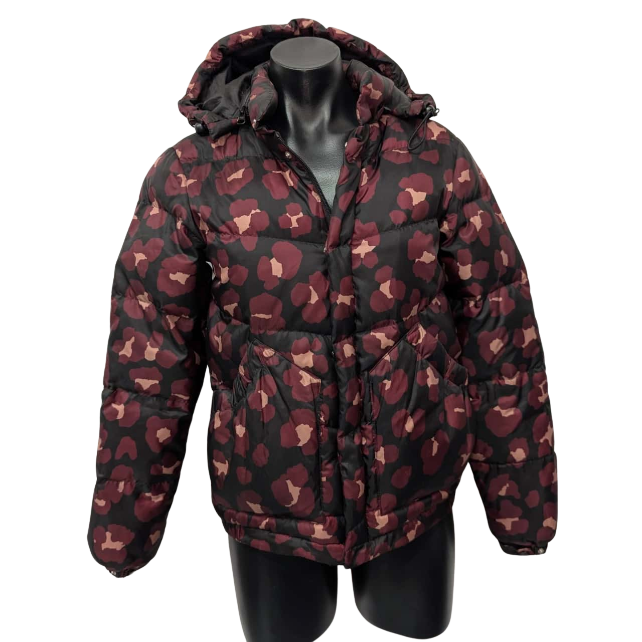 Gorman Black/Maroon Leopard Print Puffer Down Jacket Size 6(s)