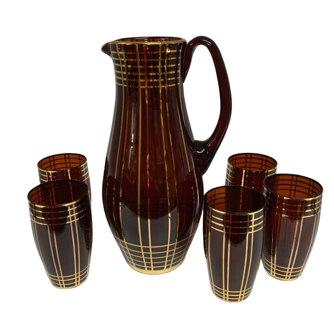 Vintage Brown Glass / Gold Stripes Pitcher & 5 Glasses(s)