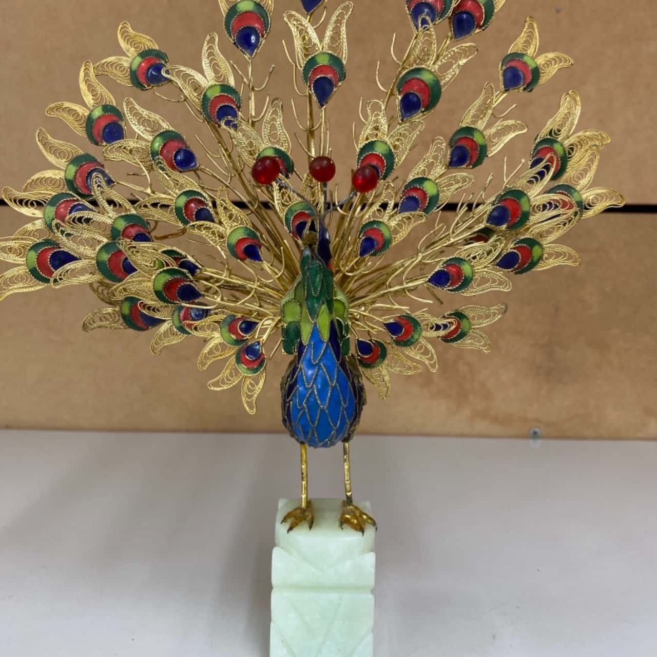 Enamel peacock wire filigree sculpture figurine on jade stand(s)