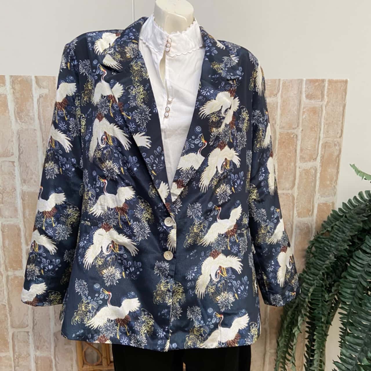 Ruby Yaya Japanese Bird Print Blazer Size XL Navy Blue