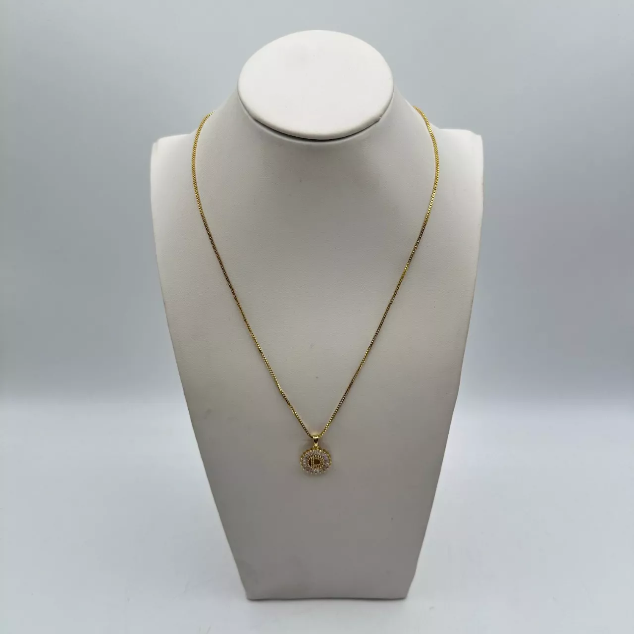 Sparkly Round Clear Stone Letter D Goldentone Box Chain Necklace