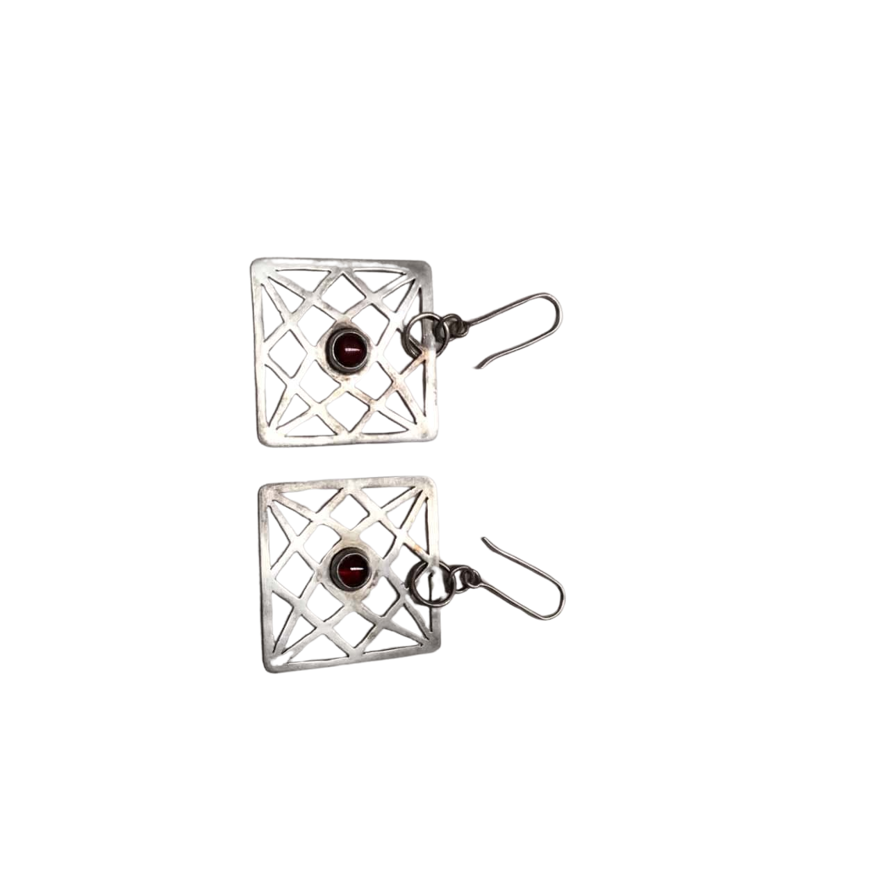 Vintage Silver Square Earrings With Garnet Stones(s)