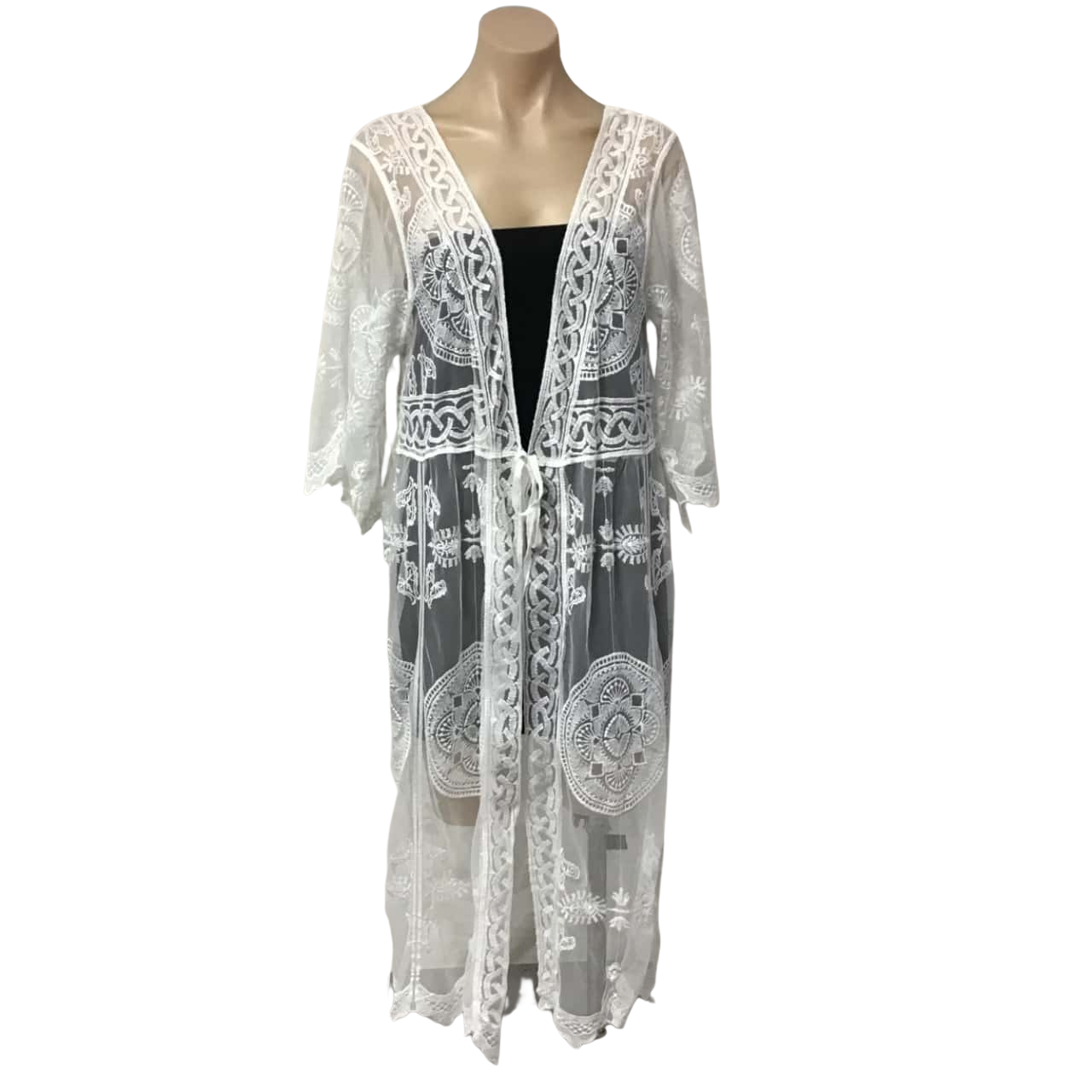SHEIN Womens One Size White Embroidered Net Lace Long Open Jacket