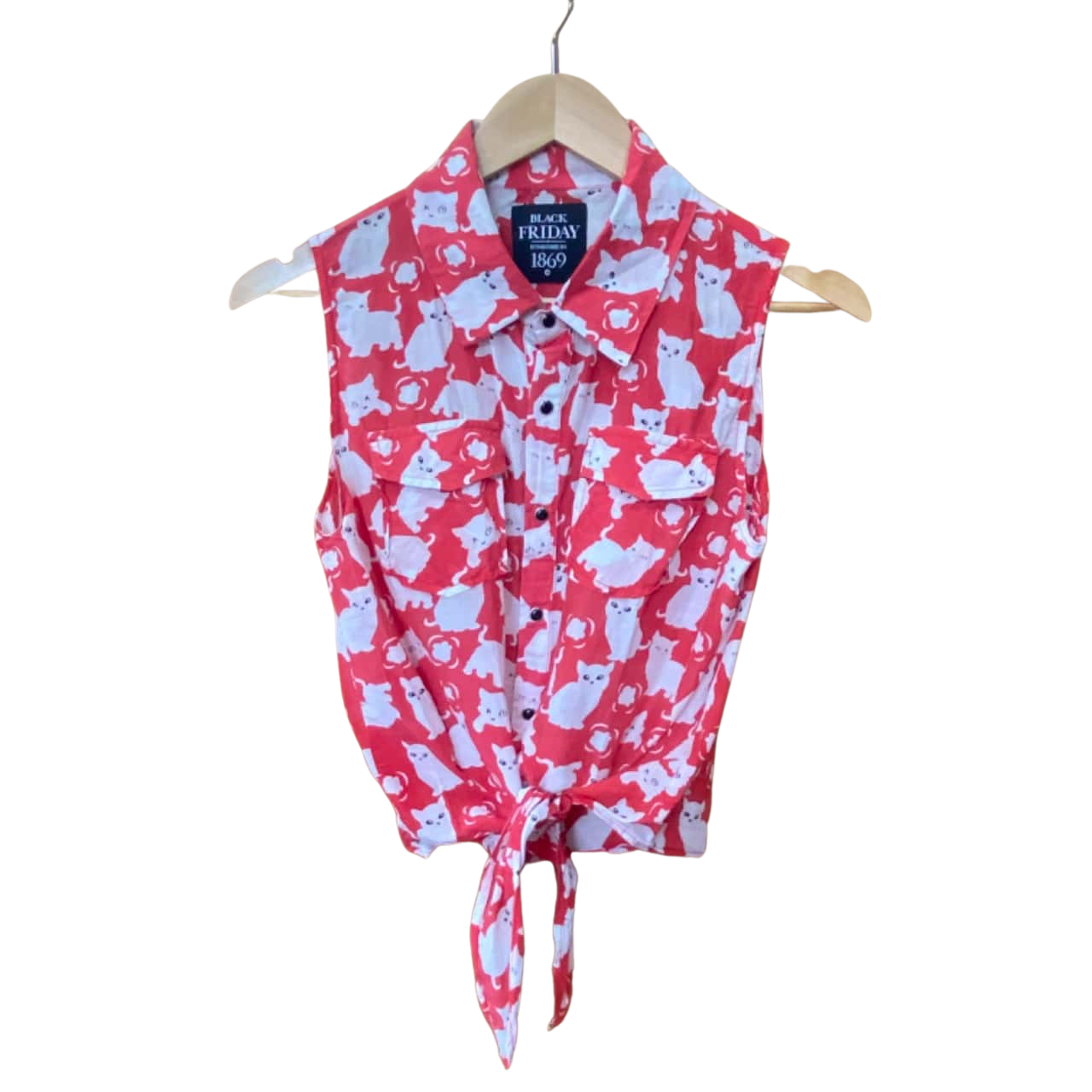 Black Friday White & Red Cat Print Front tie Top Size 10(s)