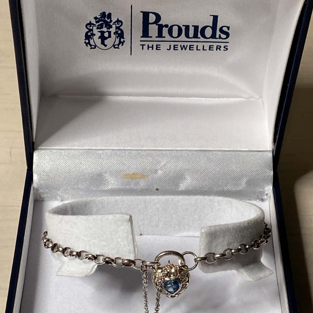 Prouds Jewellers Blue Stone Filagree Heart Locket Bracelet 925(s)