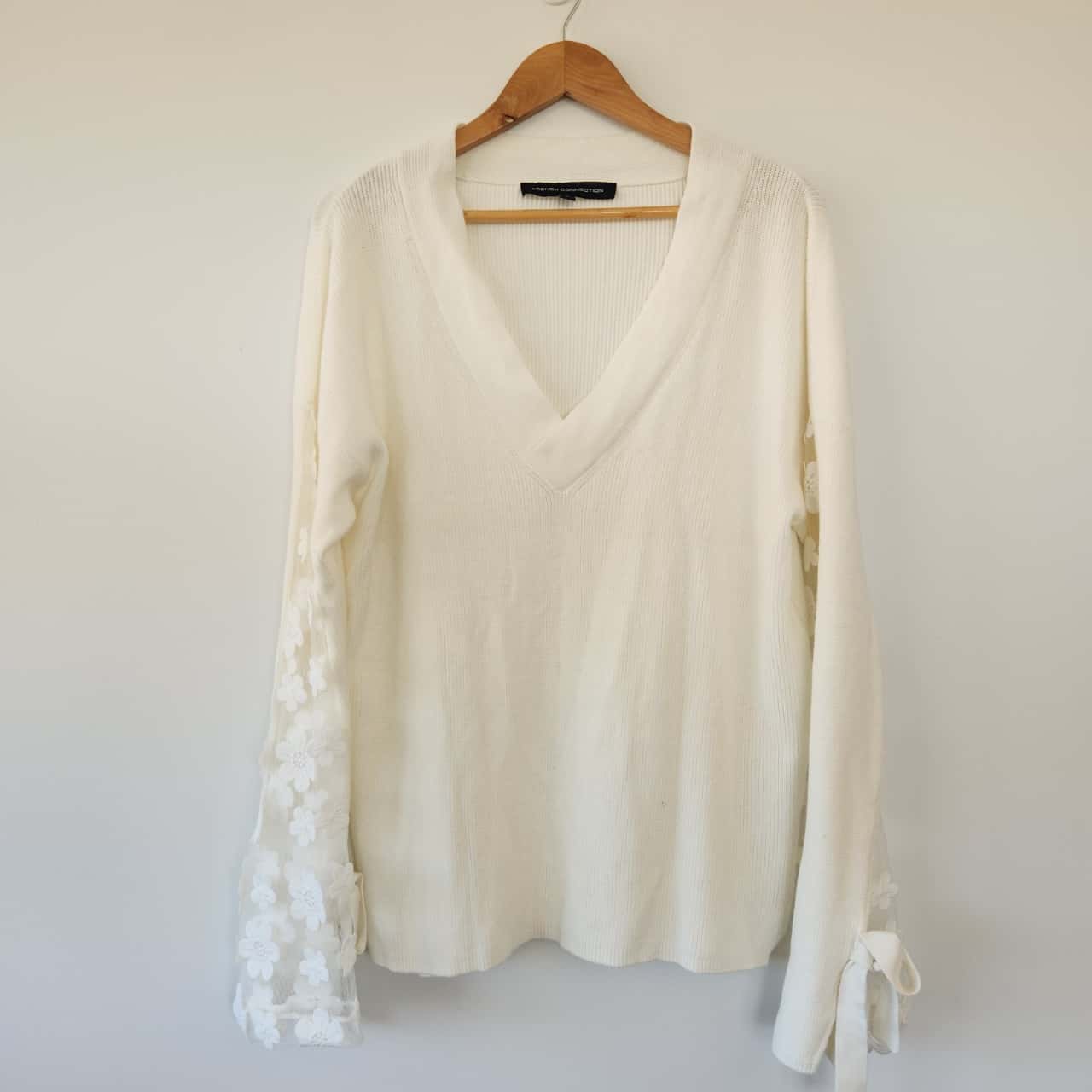 French Connection White Knit Jumper Lace Sleeves Size 12 / L(s)