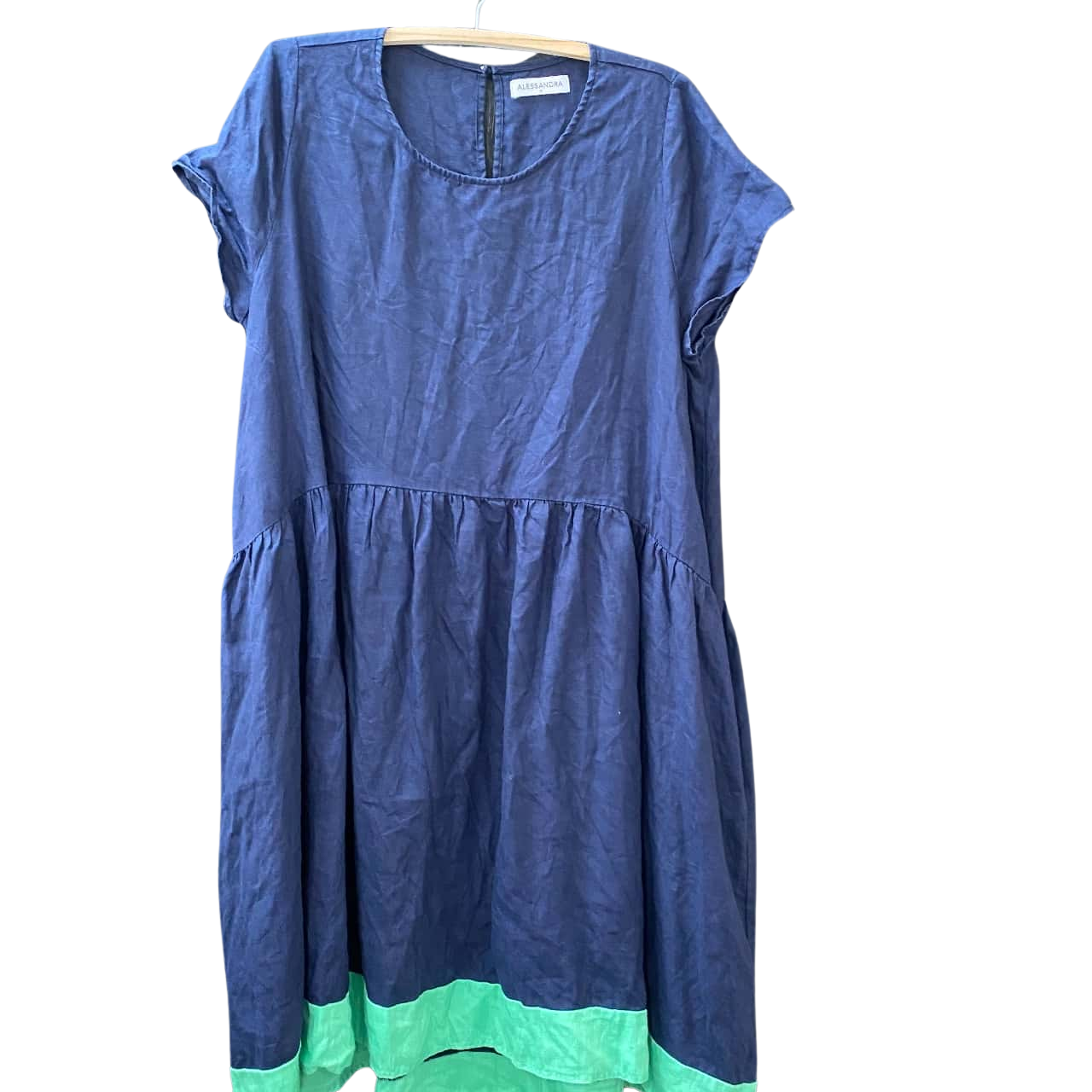 Alessandra Size M Short Sleeve Linen Dress Navy Blue With Green Trim