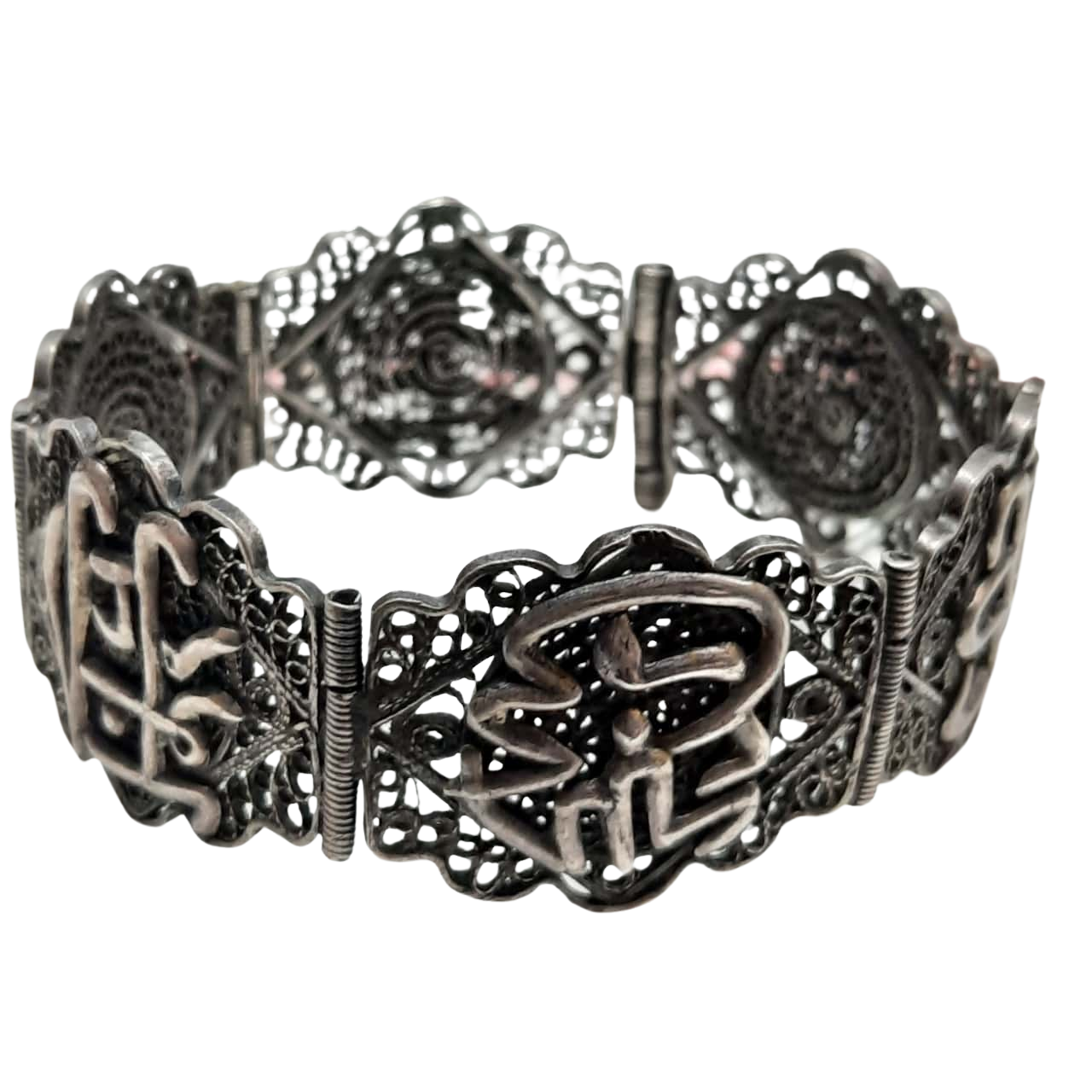 Vintage Egyptian 800 Silver Filigree Link 18 CM Bracelet with Arabic ...