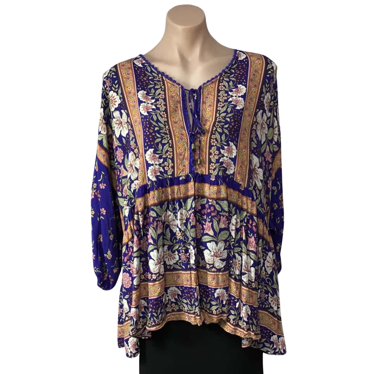 Jaase Womens Size L Multicoloured Floral Tie Neck Boho Style Short ...