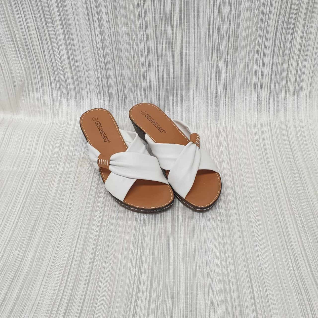 Obsessed Classy White Side Gather /Cross Over Strap /Low Wedge /Slip-on ...
