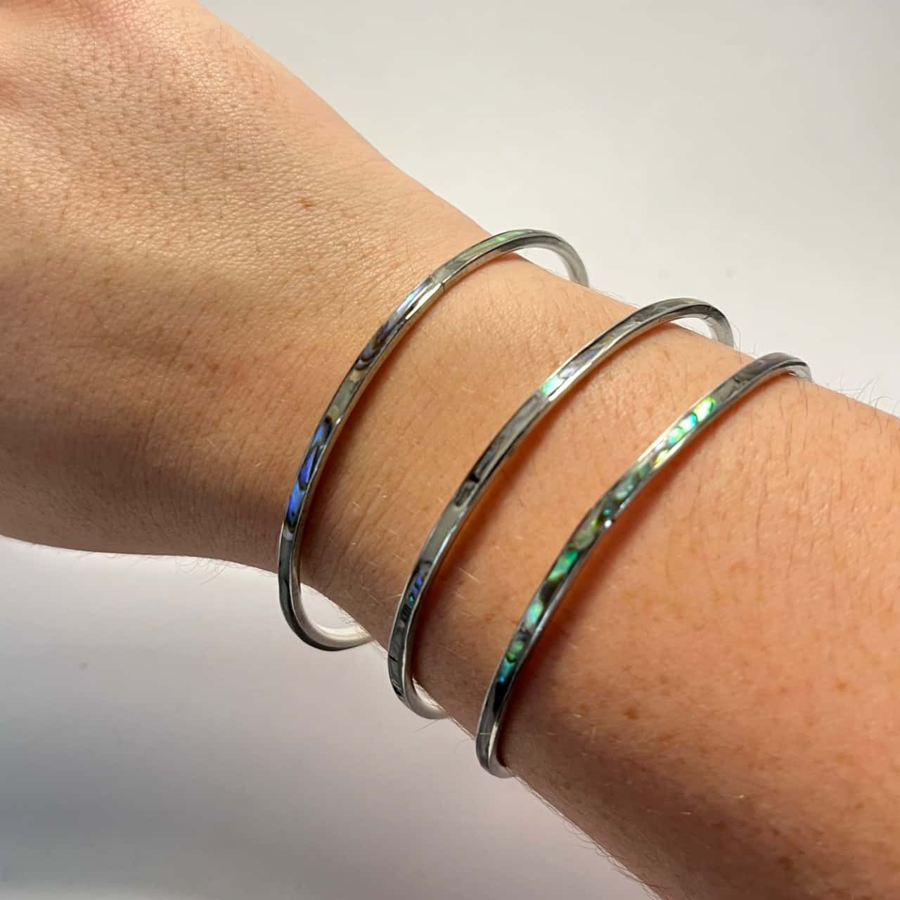 3x Silver-tone Paua Shell Inlay Bangles(s)