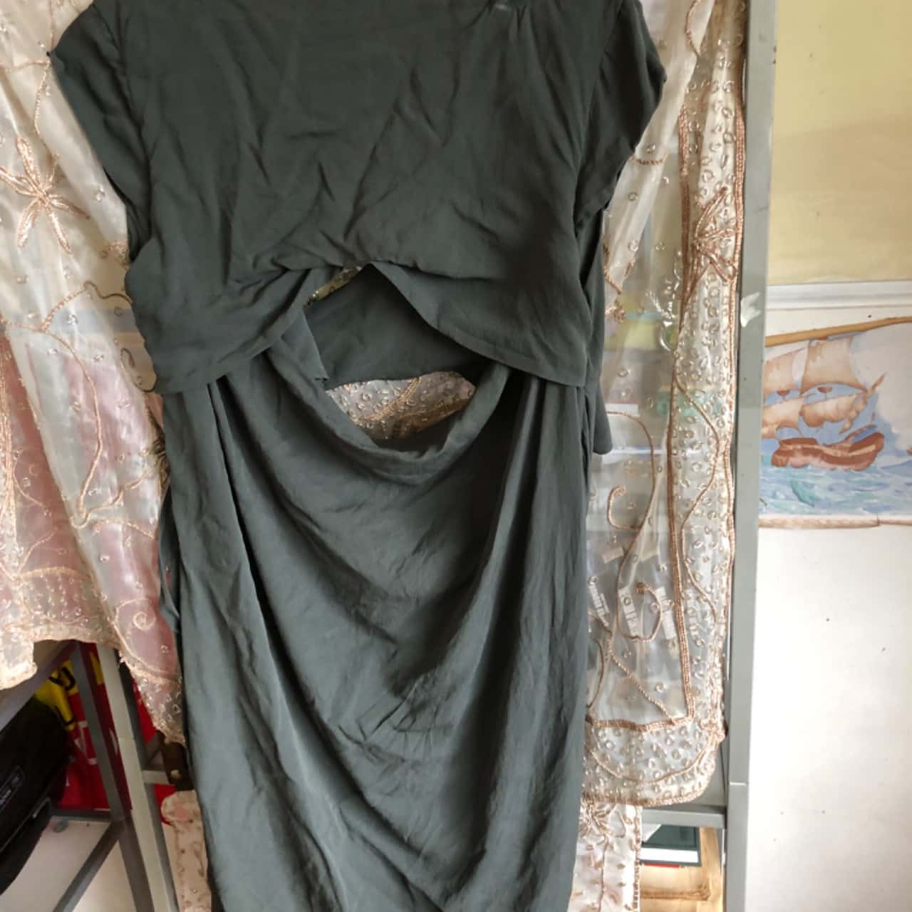 Morrison Size M Silk Grey Green Dress with Stand Alone Slip(s)