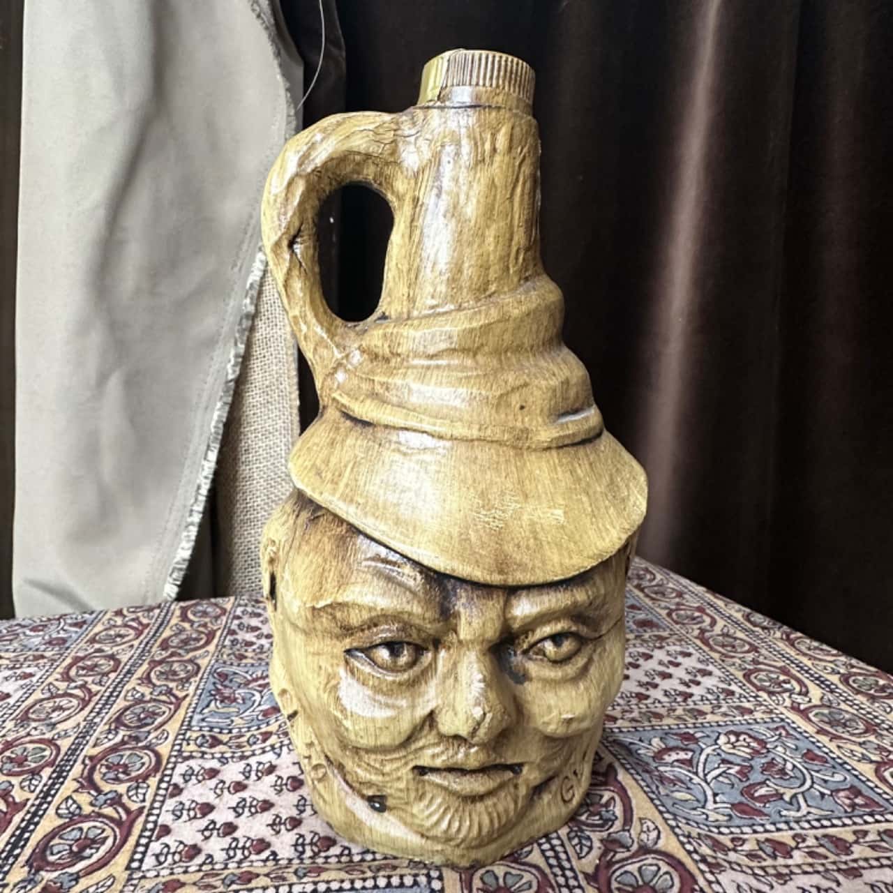 Carved Wooden Decanter - Man Smoking Pipe(s)