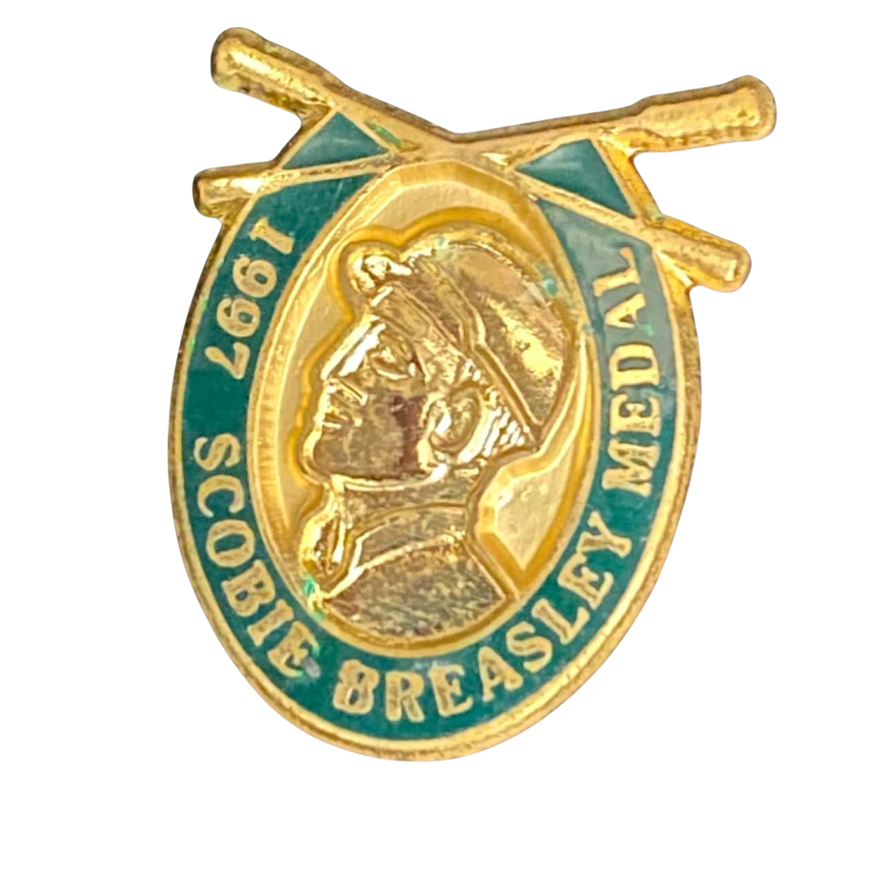 Pin of 1997 Scobie Breasley Medal. (Jockey) Green enamelling on yellow ...