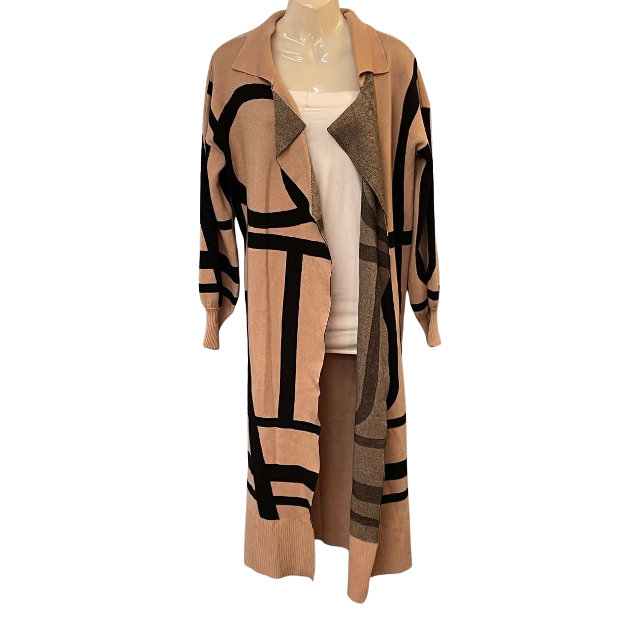 Sunny Girl Womens Size M Longline Cardigan Beige / Black / Khaki (s)
