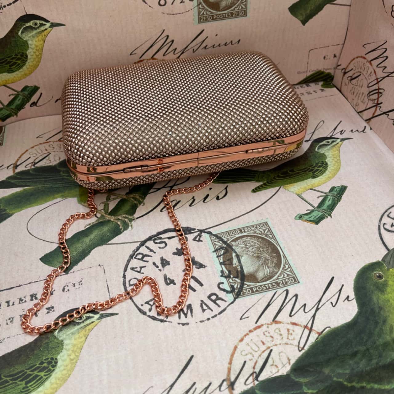 Womens Clutch Pink alga berg rose gold Metal Mesh bag box 12(s)