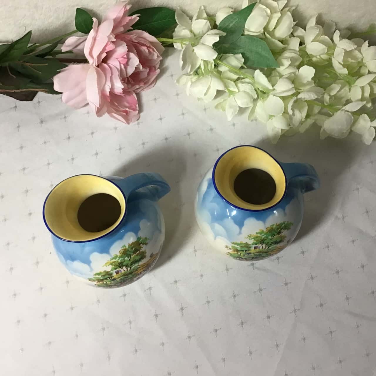 Vintage Falcon Ware Blue / Floral Thatched Cottage Design Jug Vases (x ...