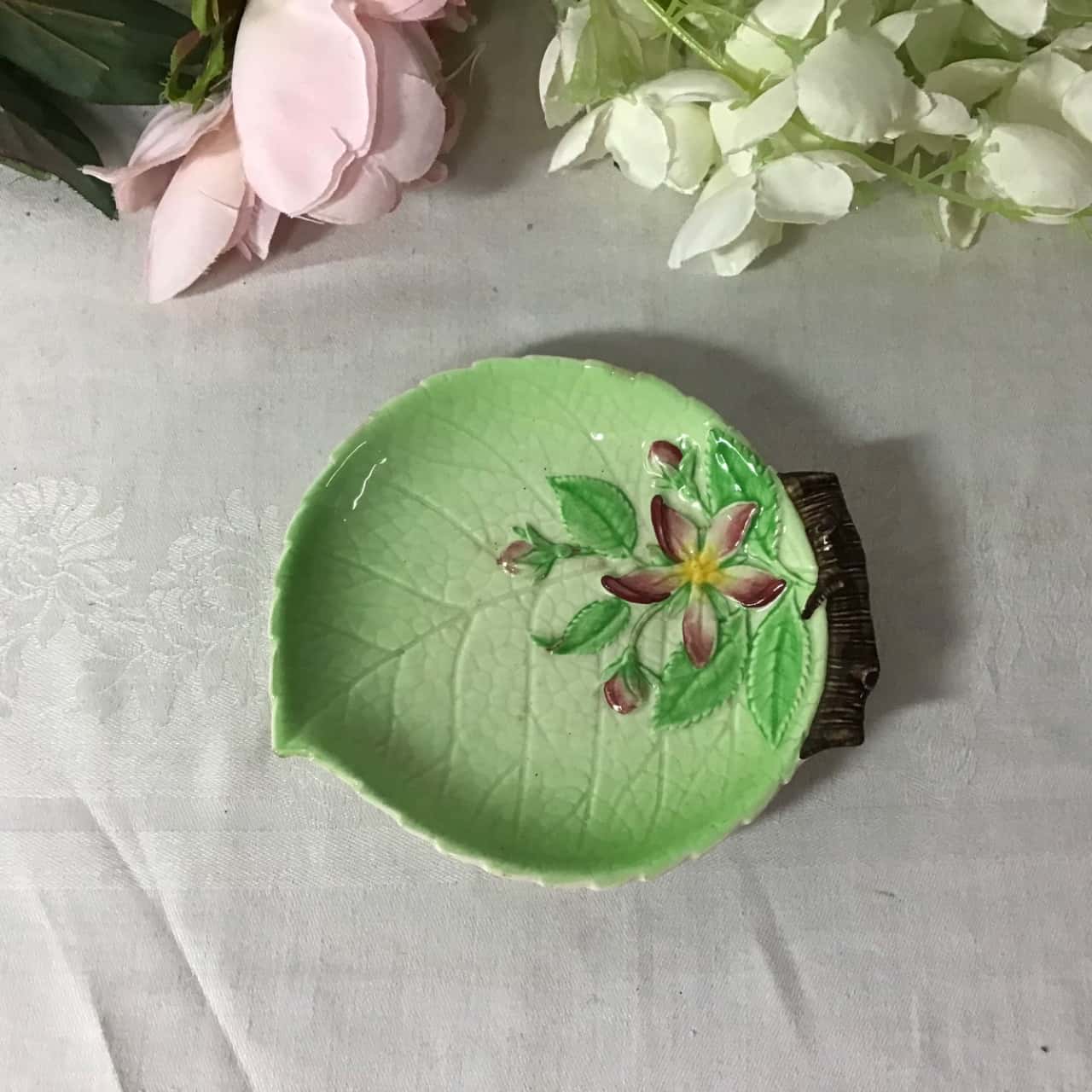 Vintage Carlton Ware Green Leaf Shape Dish with Floral Design