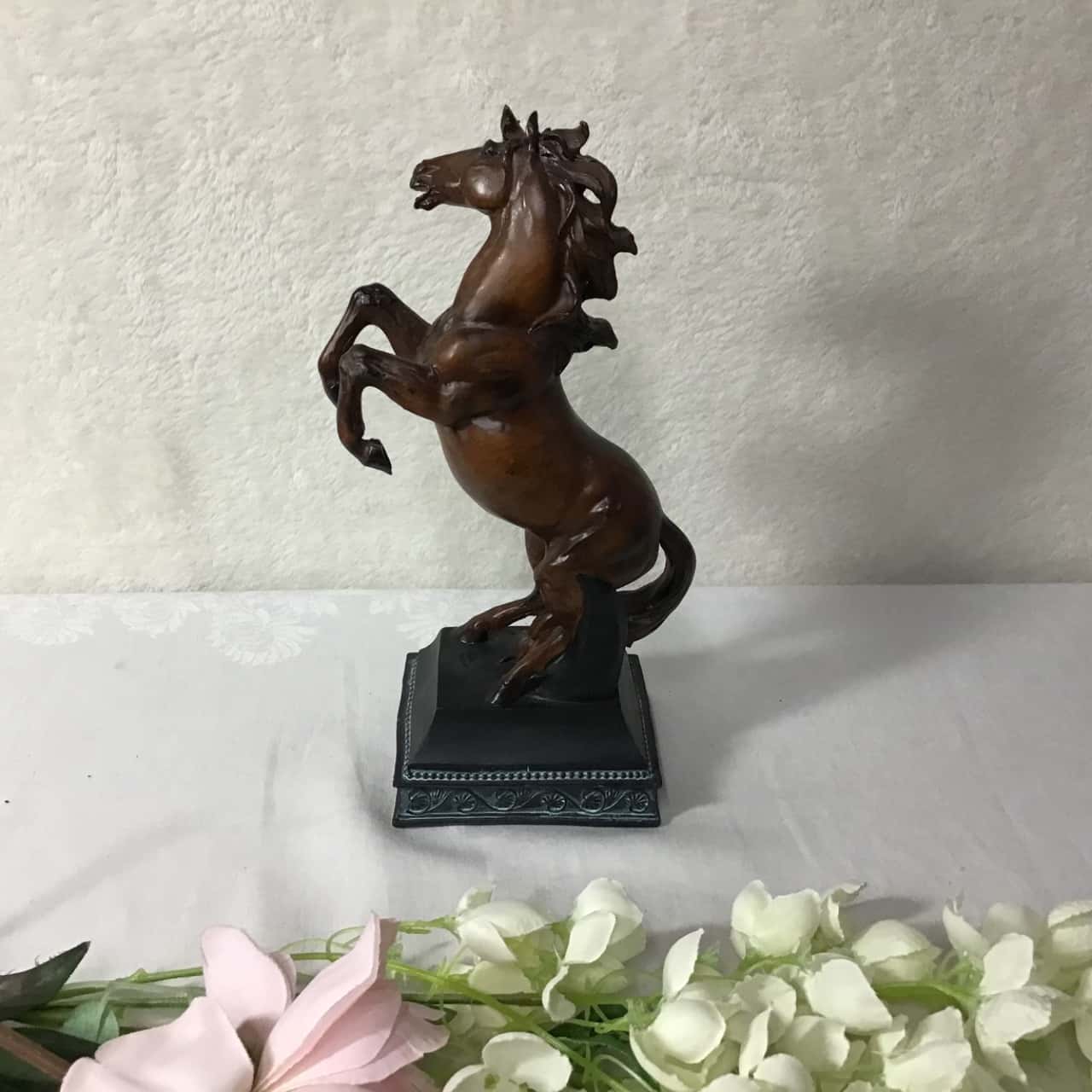 Brown Rearing Horse Statue on Pattern Black Stand(s)