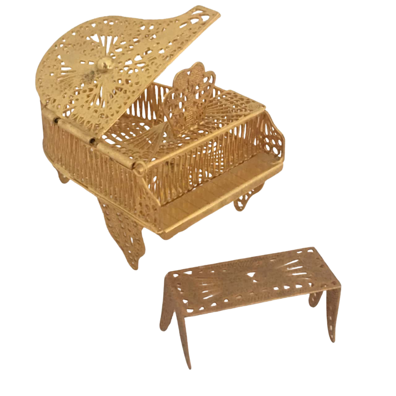 Miniature Delicate Metal Gold Filigree Piano & Stool