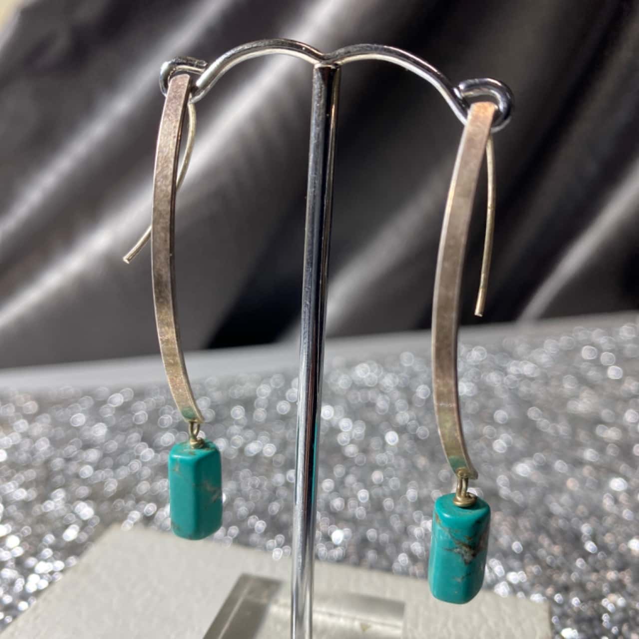 Curved Stamped Silver & Turquoise Bead Drop Earrings (s)