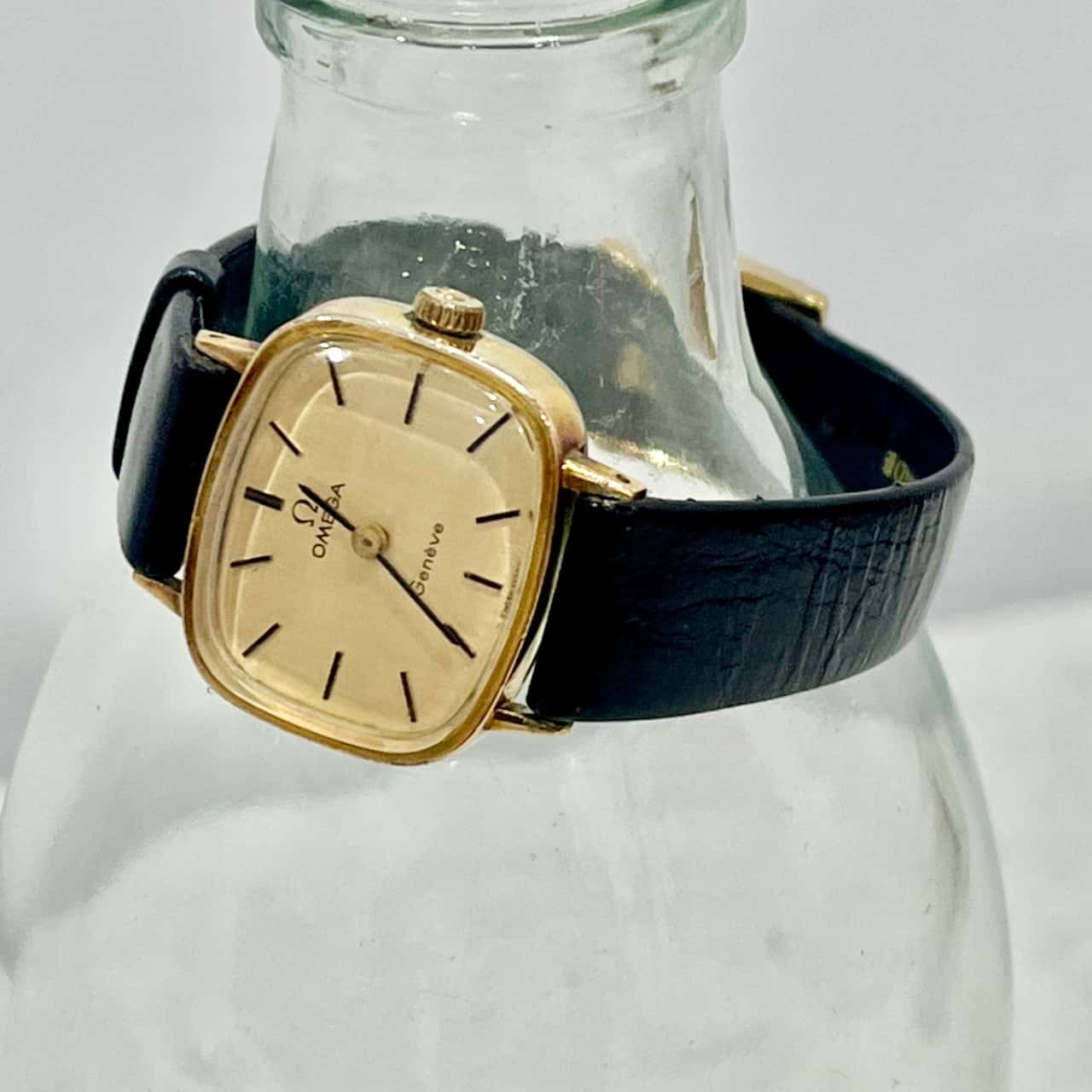 Omega Geneve Swiss Watch- black leather watch band(s)