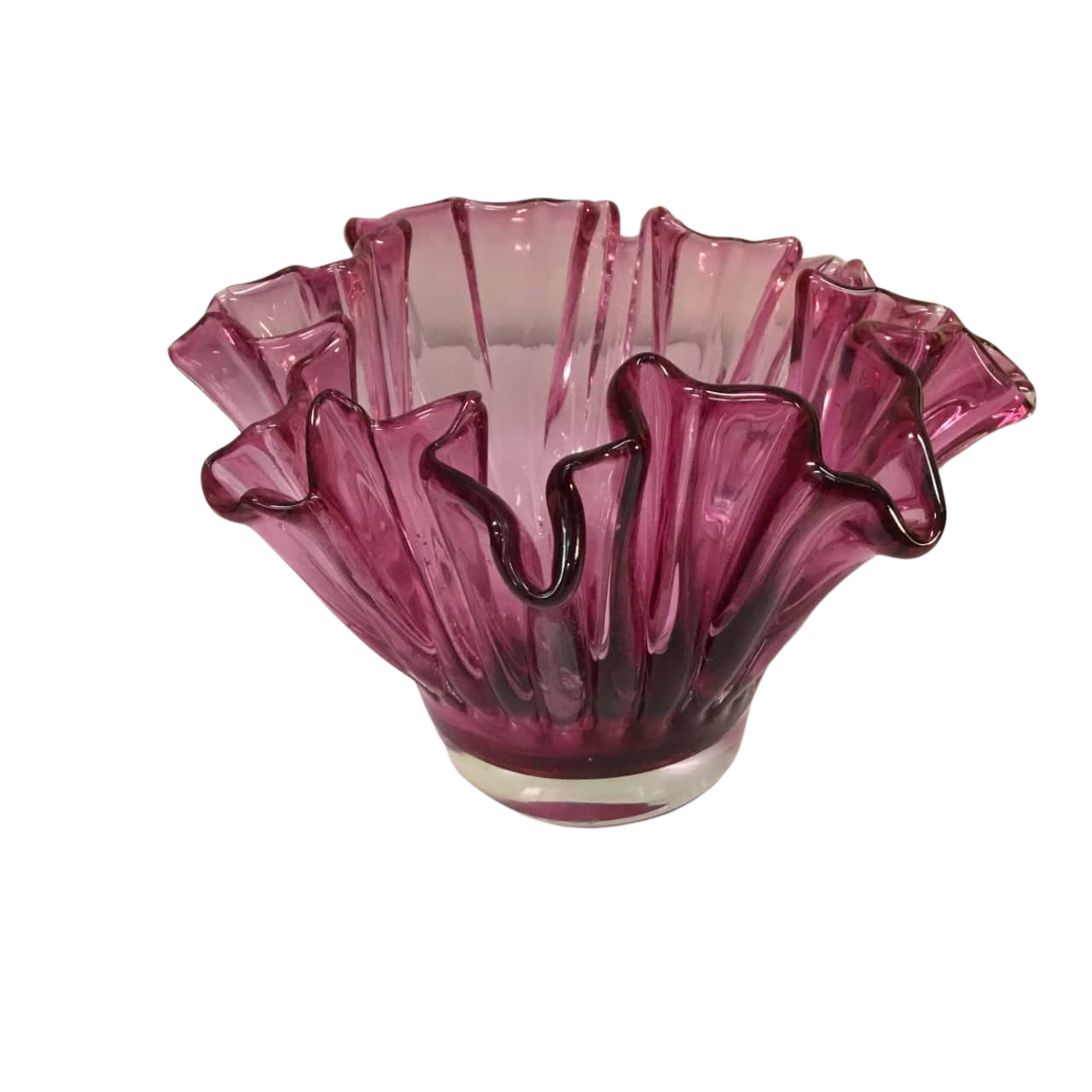 Vintage Art Glass Ruffled Bowl Cranberry Pink Approx 12cm Highs