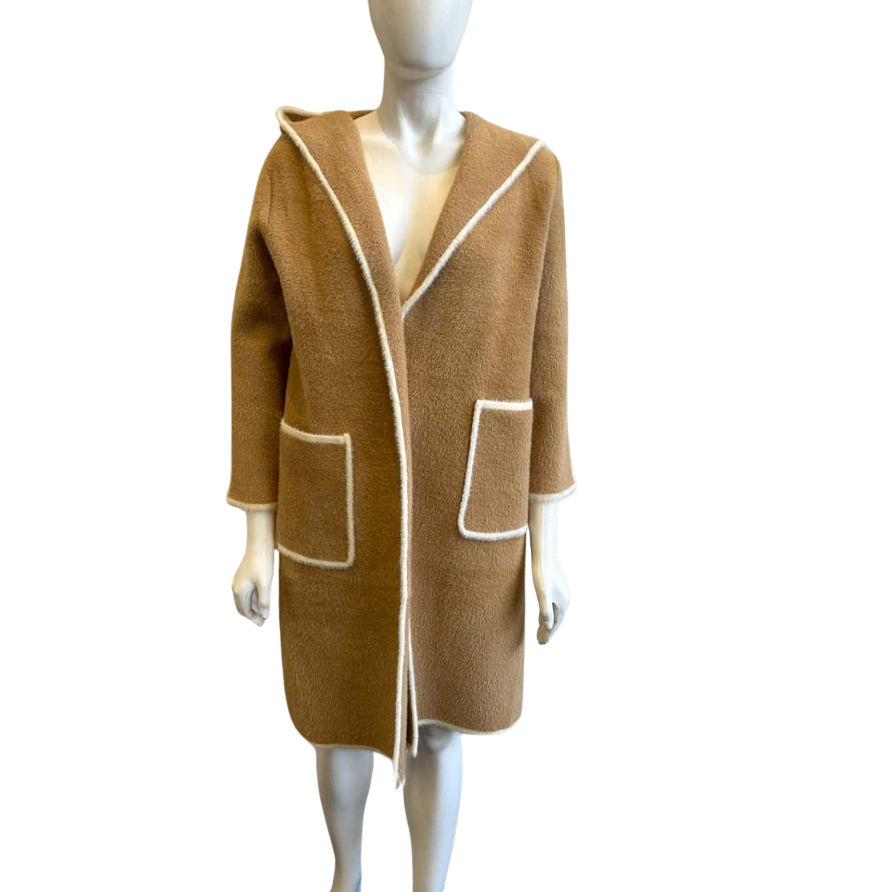 Raney Owen Women's Size 6 Wool & Rabbit Fur Blend Open Trench Coat Brown