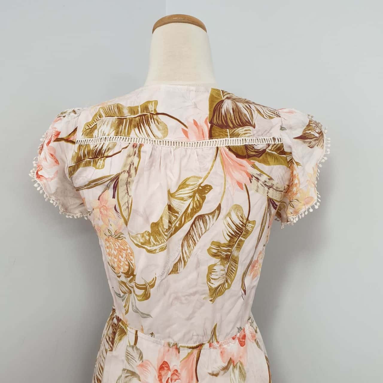 Jaase Cute Leaf & Pink Floral Mini Dress with Lace, Fringe & Hem Frill ...