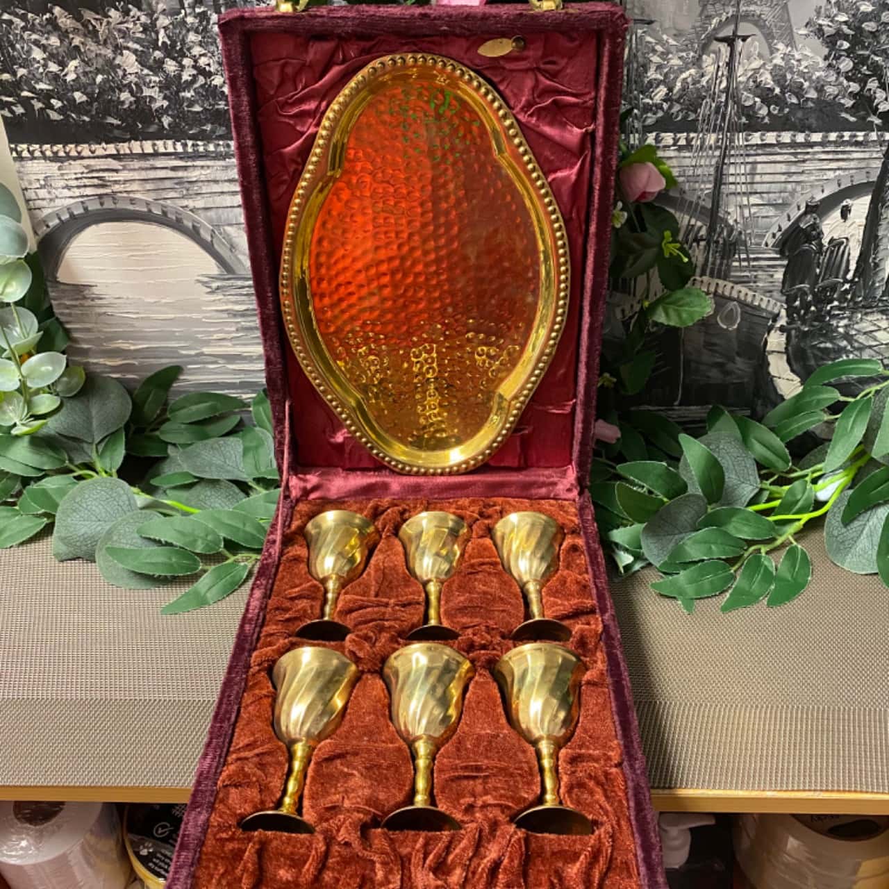 DYNASTY Brass Serving Tray and 6 Small Goblets in Velvet Case(s)