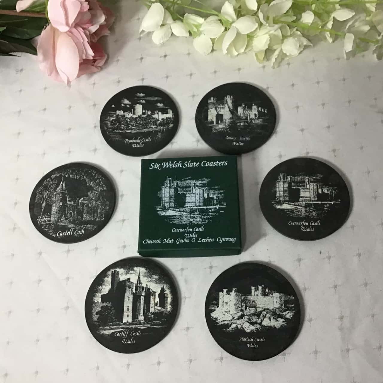 Six Welsh Slate “Castles” Round Coasters in Box (s)
