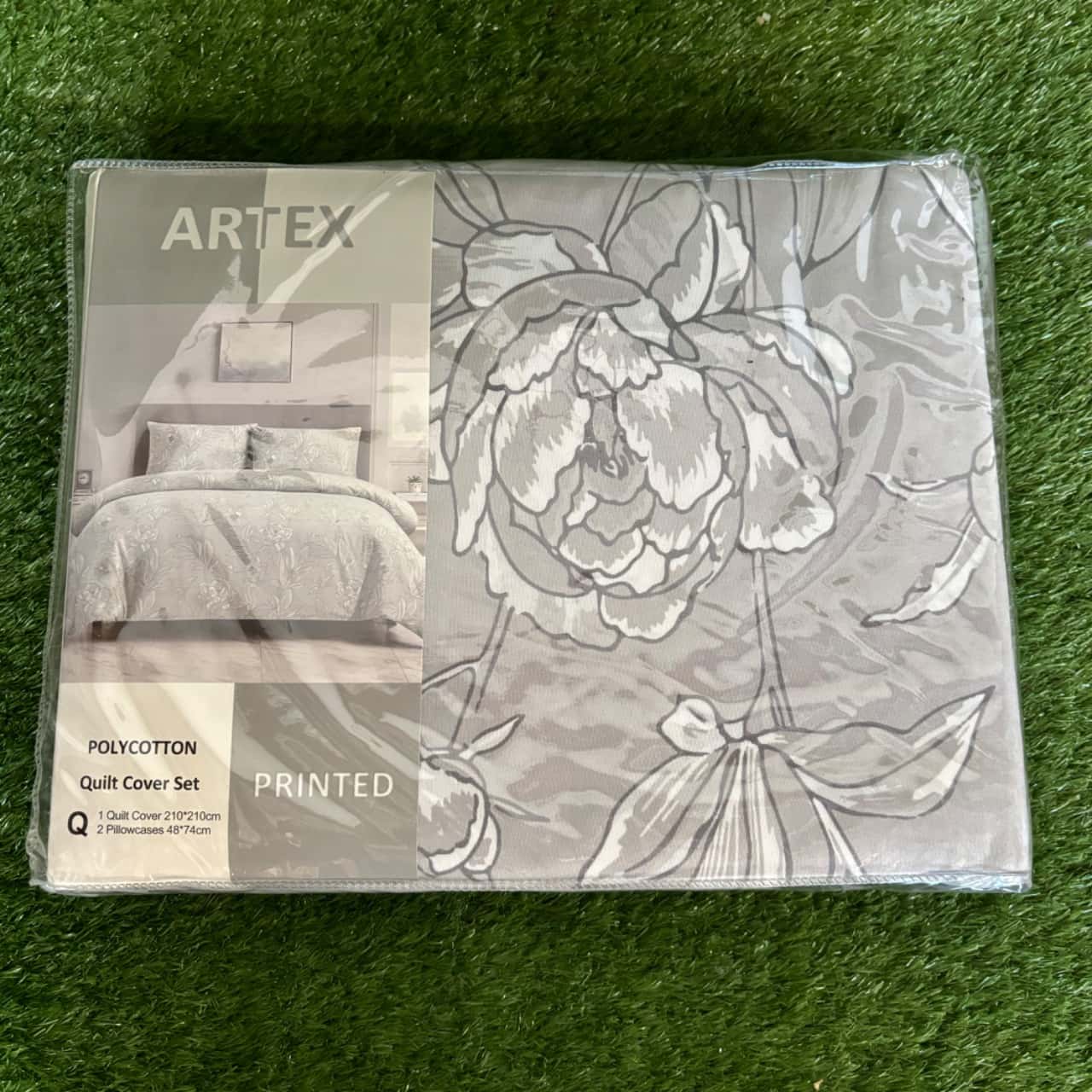 Artex Silver Floral Print Queen Quilt Cover Set (New)