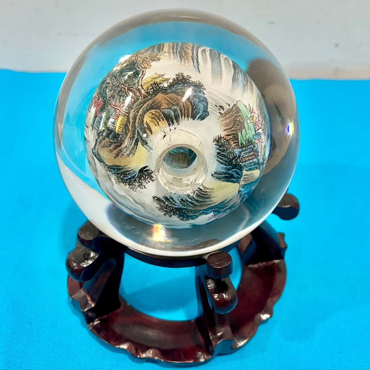 Chinese Reverse Hand Painted Sphere Glass Ball on Wooded Stand (s)