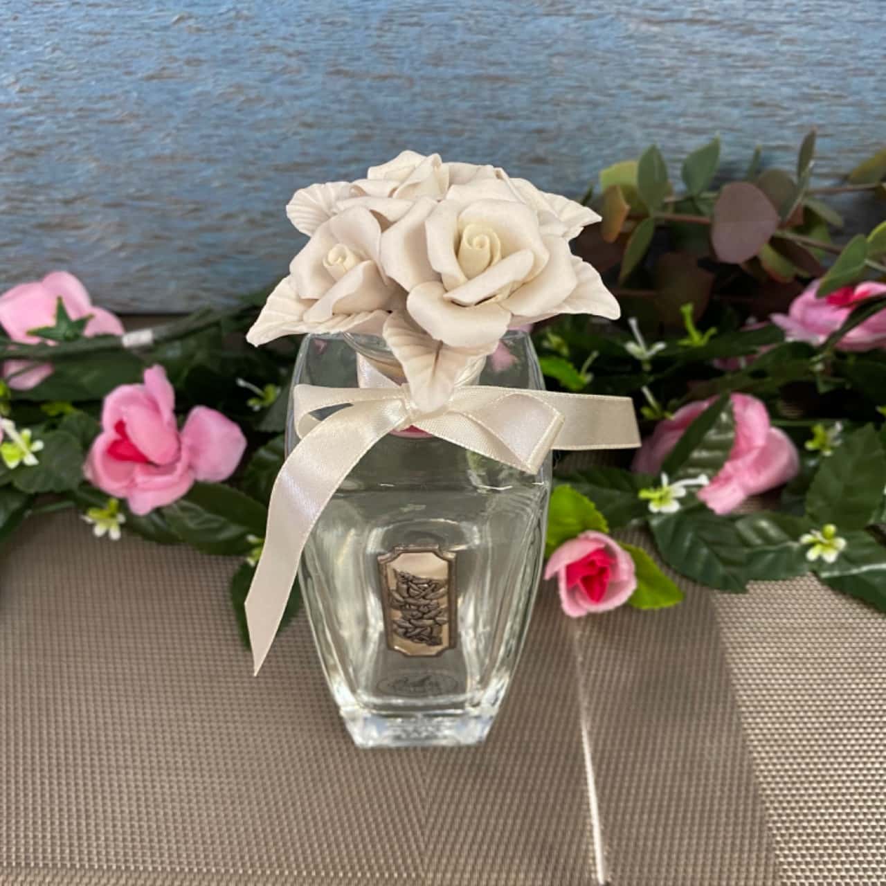 Vintage Empty Cellini Perfume Bottles with Porcelain Rose stoppers x2(s)