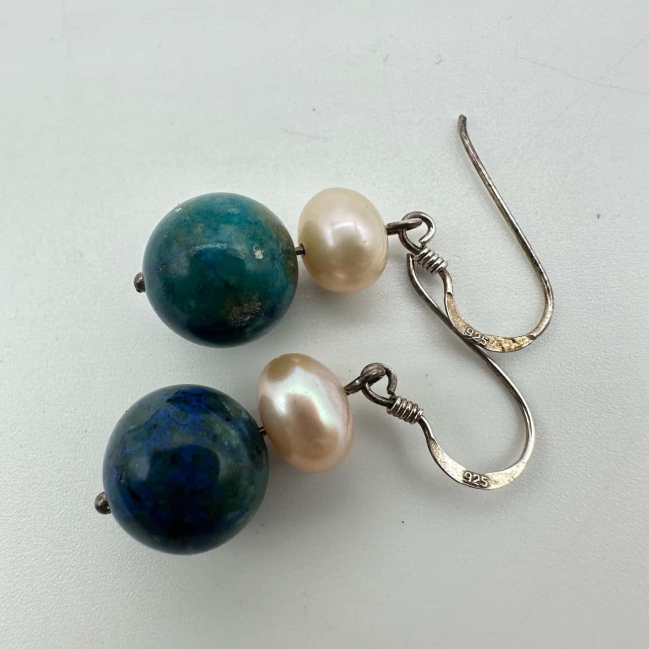Blue & Green Stone With Pearl Drop Earrings Stamped 925