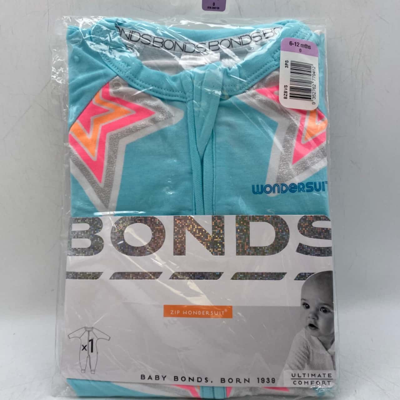 BNWT Bonds Baby Kids Size 6-12m Onesie Blue / Pattern RRP $15 (HTH)