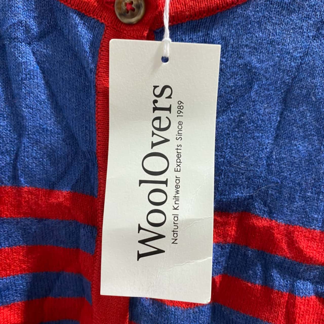 WoolOvers. Womens Size S. Cardigan Blue with Red stripes and edging ...