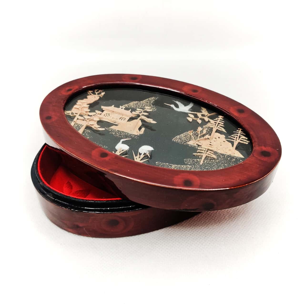 Vintage & Quite Rare Cork Carved Oval Jewellery Box With Silk Fabric Lining