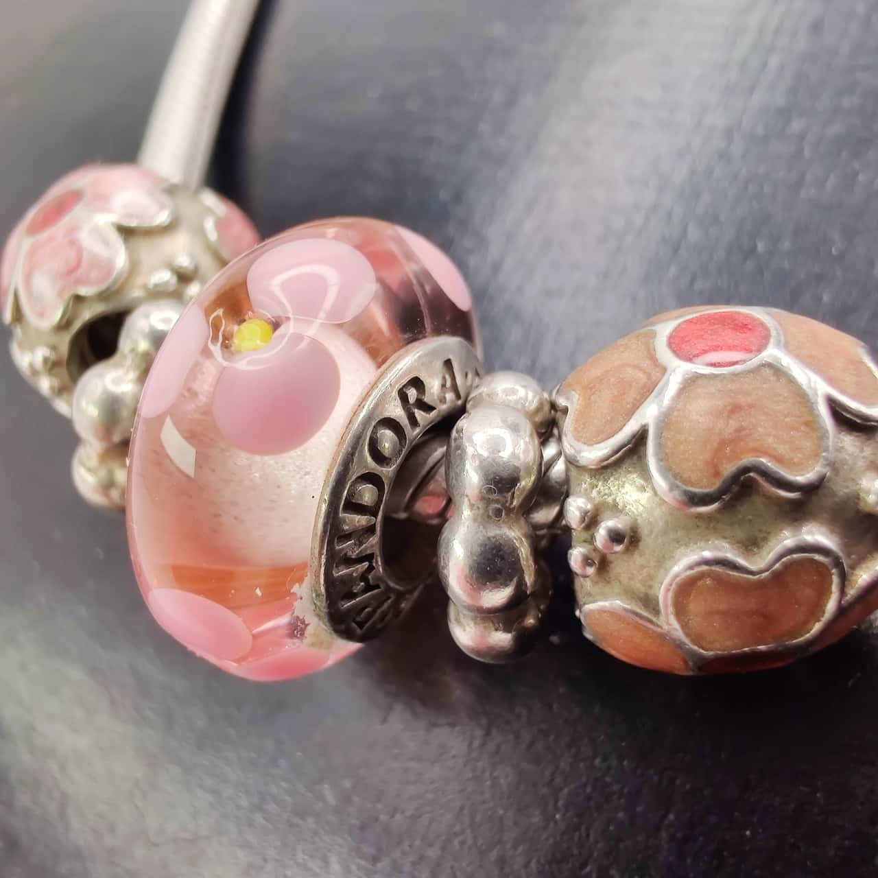 Pandora 44cm Necklace 925 Silver With "Pink Flowers" Murano Glass Bead ...