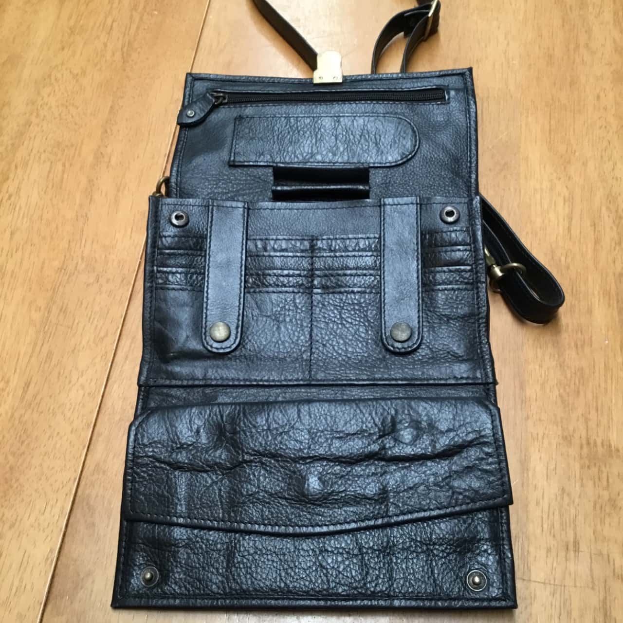 Lambada Black Soft Leather Triple Fold-Out Bag With Shoulder Strap