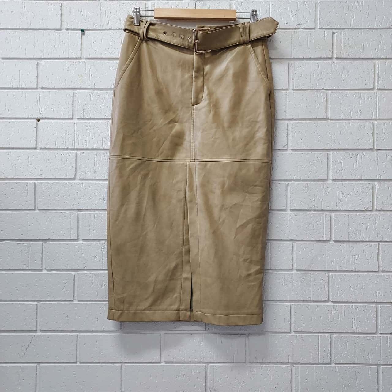 Sheike Pleather Beige Skirt size 12 Very Good Condition Long Skirt Belt ...