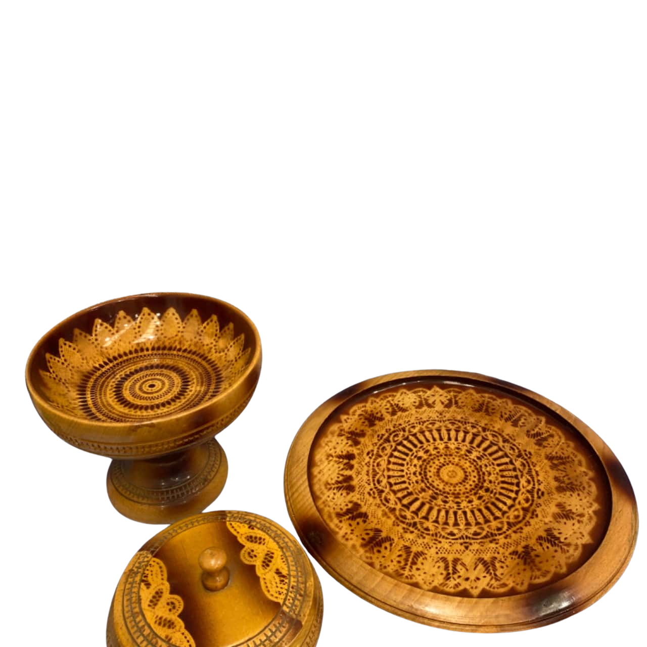 Vintage Wooden Design Plate, Tall Bowl & Bowl with Lid