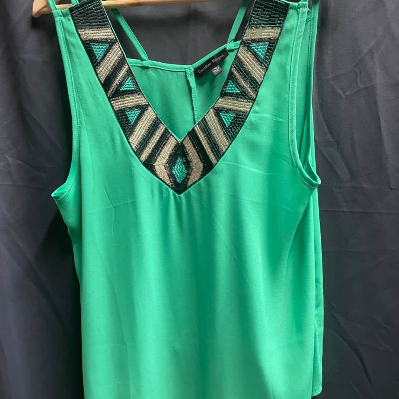 Caroline Morgan Green Singlet Top With Patterned Neck Line(s)