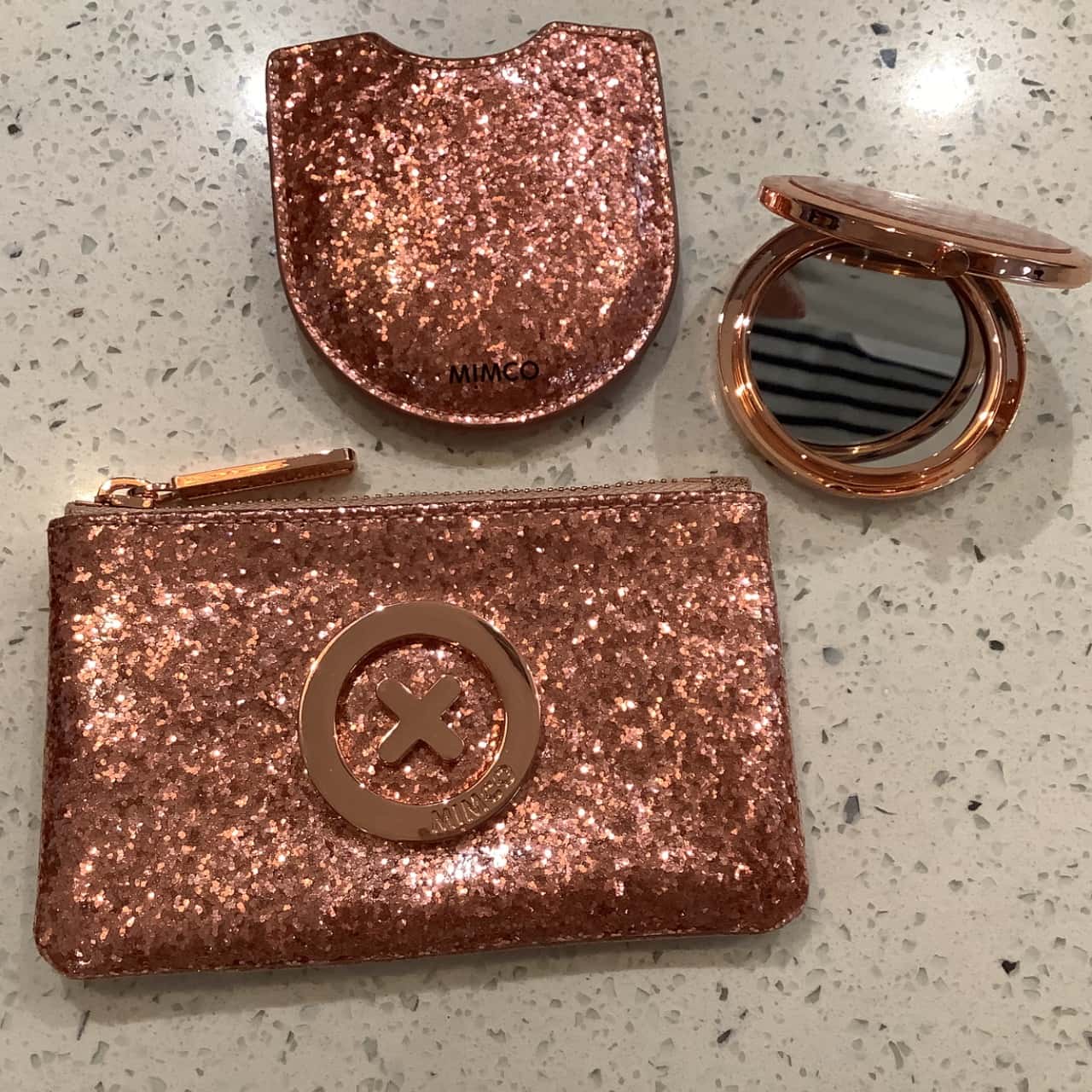 Mimco Rose Gold Zip Purse and Rose Gold Mirror Compact. (s)
