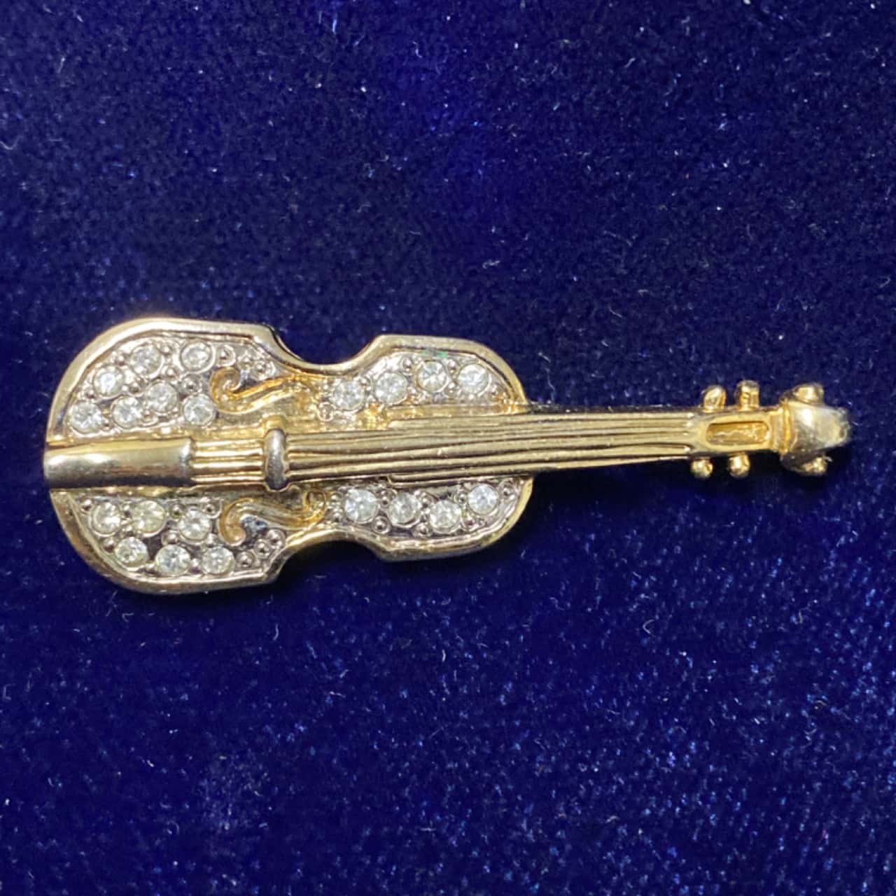 Vintage Diamante & Gold Tone Violin Brooch