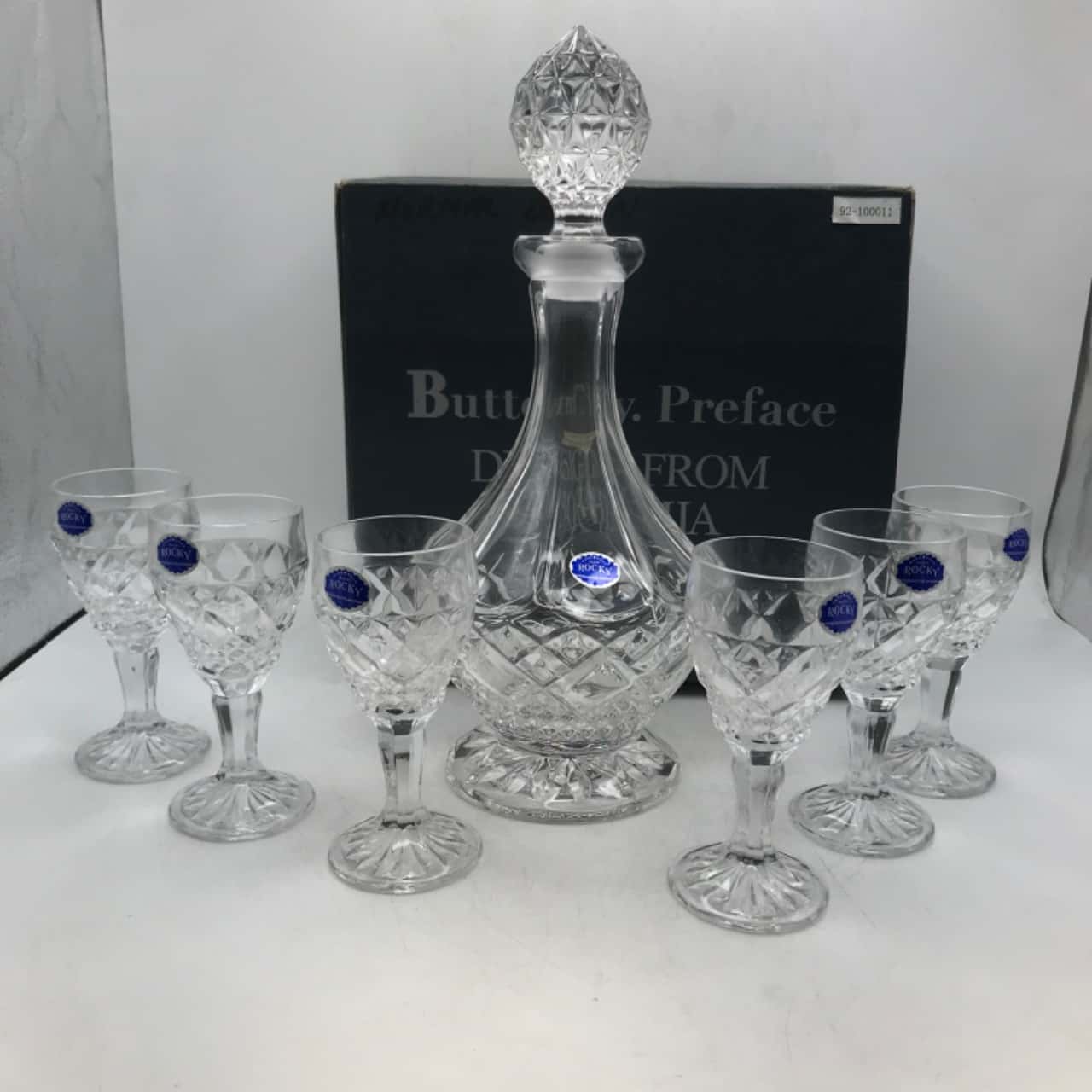 Bohemia. Decanter and 6 glasses. Butterfly design. In original box. (s)